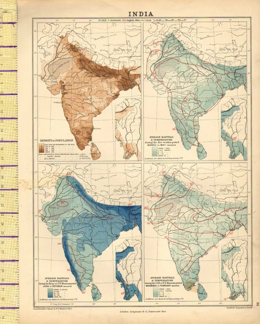 C1880 MAP ~ INDIA SHOWING DENSITY OF POPULATION RAINFALL & TEMPERATURE ...