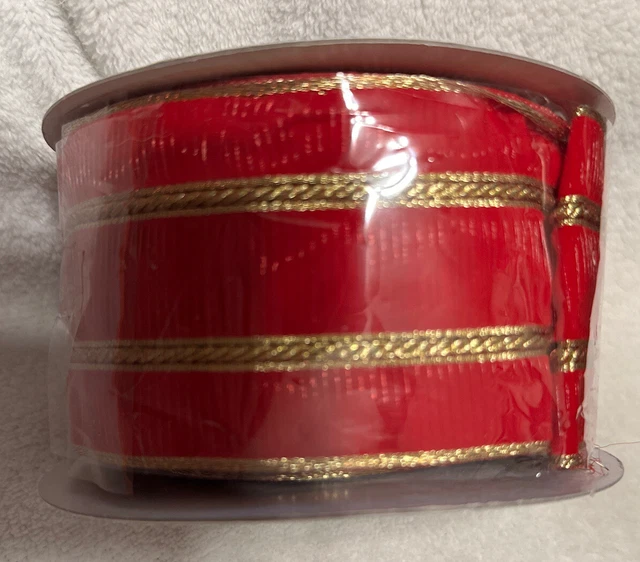 10 YARDS X 2.5” Red Ribbon Gold Metallic Accent Stripes Wired Edges $7. ...