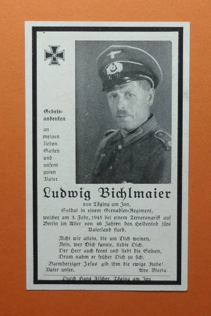 WW2 GERMAN DEATH Card Sterbebild Grenadier Regt Died by Raid Feb 1945 ...