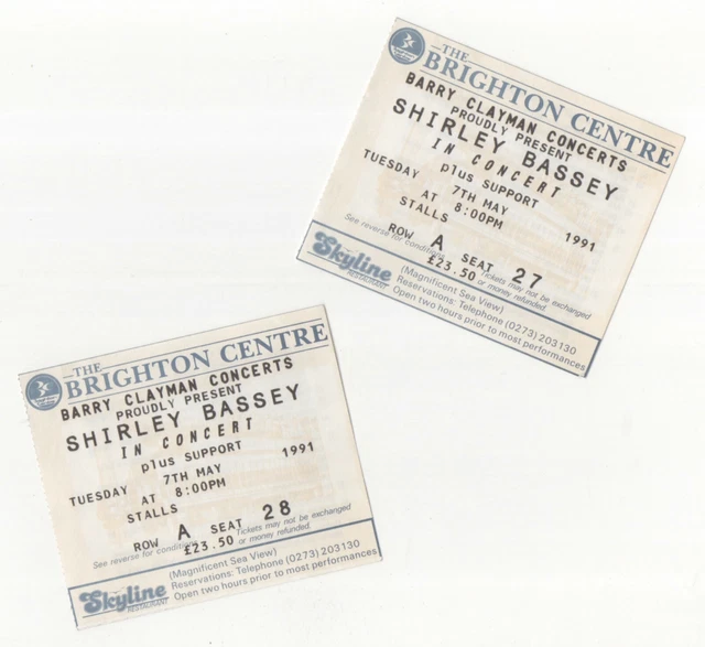 SHIRLEY BASSEY - The Brighton Centre 1991 - 2 Used Front Row Tickets £5 ...