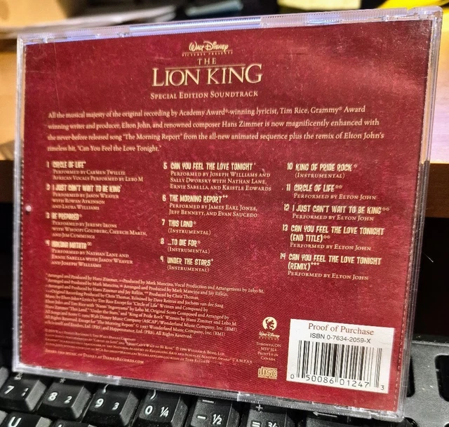ELTON JOHN, TIM Rice, Hans Zimmer - The Lion King (Soundtrack) CD Walt ...