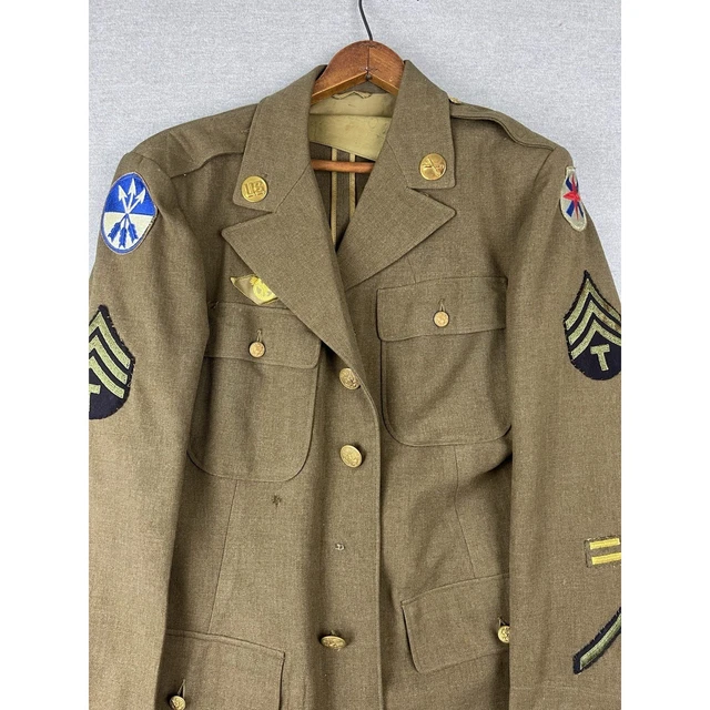 WWII US ARMY Wool Field Jacket T/4 Sergeant Stripes Overseas Bars Olive ...