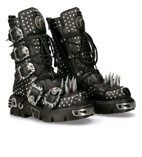 NEW ROCK BOOTS 1535-S1 Unisex Metallic Black Leather Goth Studded Spike ...