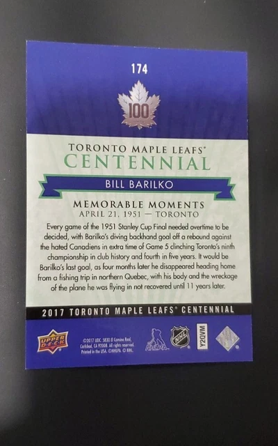 2017 TORONTO MAPLE Leafs Centennial Bill Barilko Emerald 25/25 Last ...