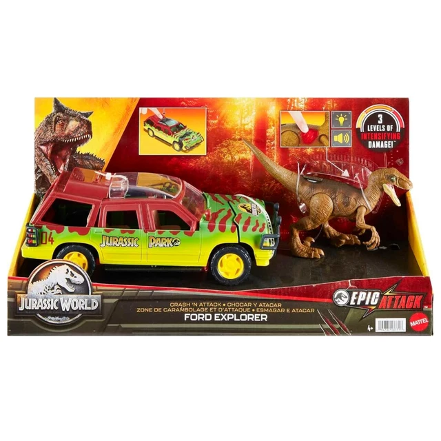 JURASSIC WORLD EPIC Attack Ford Explorer + Velociraptor Dino mit Licht ...