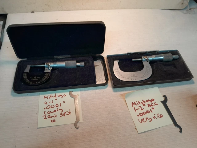 2 X Mitutoyo external micrometers 0 - 1" in & 1 - 2" both .0001 ...