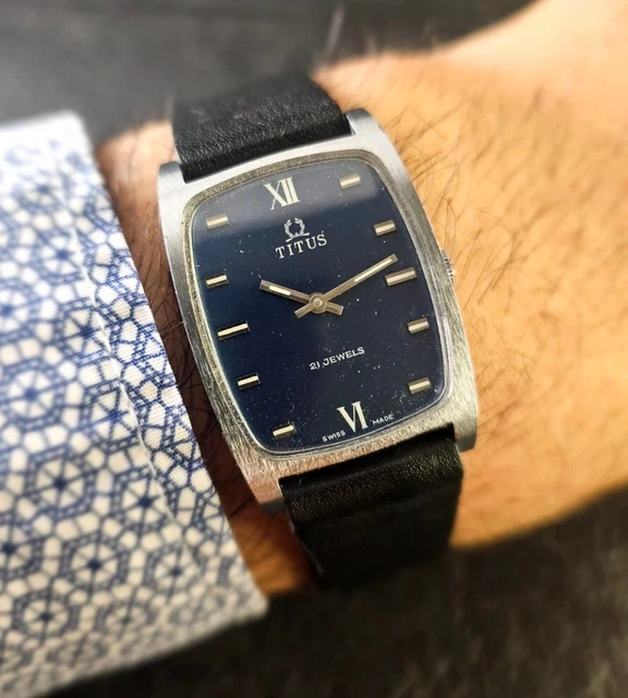 NOS TITUS BEAUTIFUL Blue Dial Tank man 1960 60s Mechanic Swiss Made ...