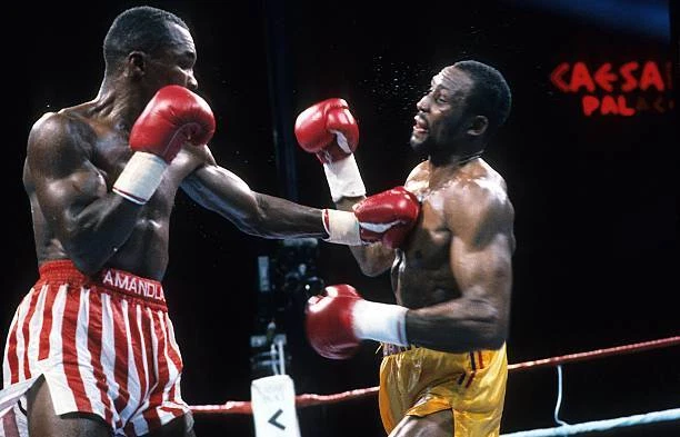 SUGAR RAY LEONARD Lands A Punch To Thomas Hearns OLD BOXING PHOTO 2 $8. ...