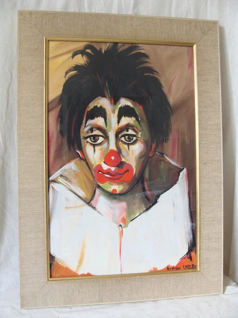 TABLEAU DE CLOWN signé Georges Cheber gouache sur papier années 1970 ...
