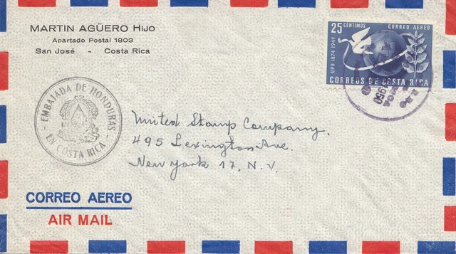 COSTA RICA: 1950: San Jose Embassy of Honduras to New York £19.69 ...