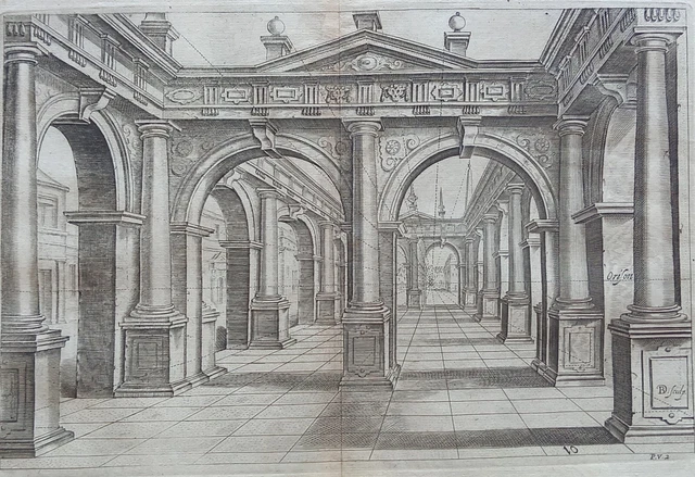 B. DOLENDO, VREDEMAN de Vries Colonnato con archi acquaforte orig. 1604 ...