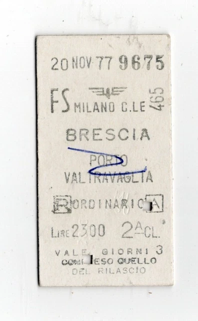 BIGLIETTO TICKET Edmonson Milano Centrale Brescia 2° Classe 20-11-1977 ...
