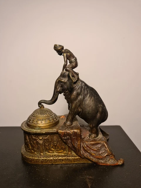 VIENNA BERGMAN BRONZE Indian Man On Elephant Inkstand Inkwell Inkpot ...