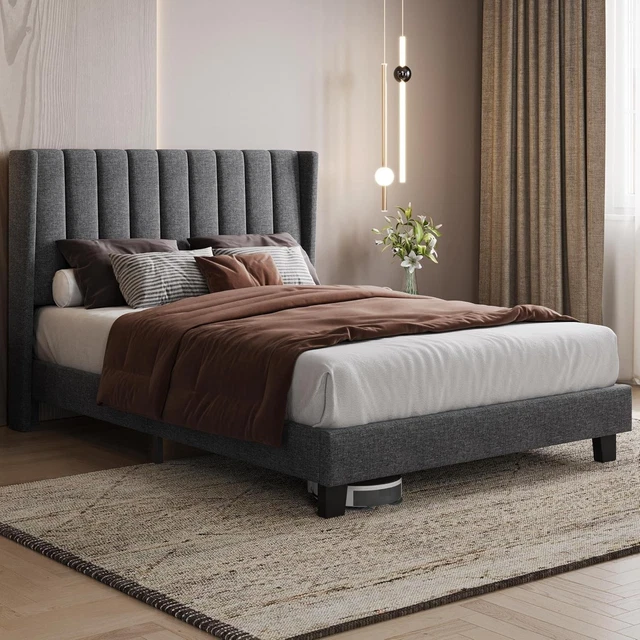 DARK GREY UPHOLSTERED Double Bed Frame Tufted Headboard No Box Needed £ ...