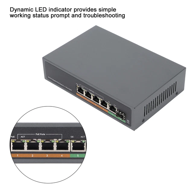 5 PORT POE Switch Gigabit Ethernet Network Switch 65W SFP Optical Fiber ...