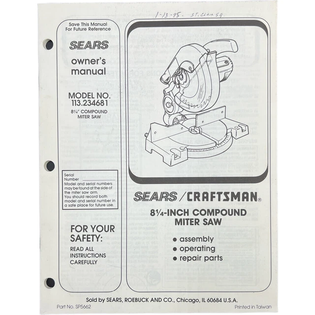 1992 SEARS CRAFTSMAN Compound Miter Saw 113.234681 Owners Manual Guide ... 1992 SEARS CRAFTSMAN Compound Miter Saw 113.234681 Owners Manual Guide ...
