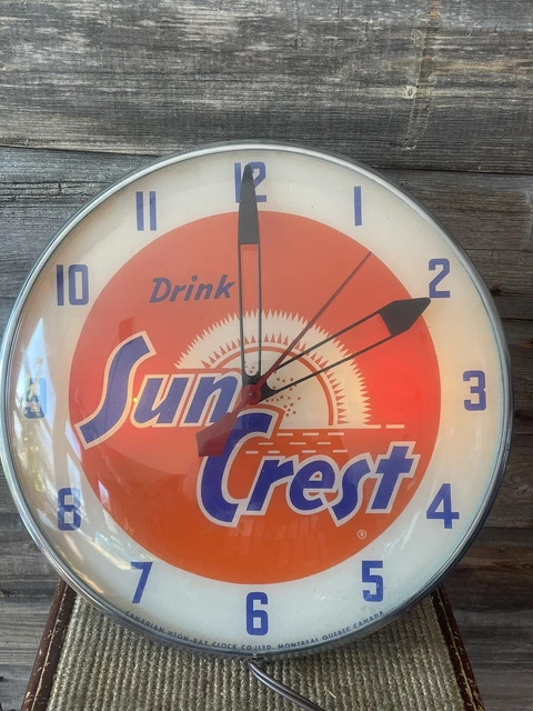 VINTAGE SUN CREST Soda Advertising Clock Canadian Neon Ray Clock ...