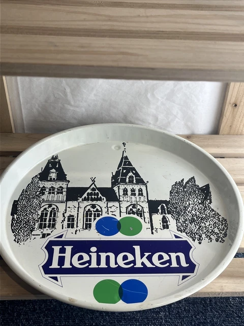 VINTAGE ROUND METAL Heineken Beer Drinks Tray Collectible Black/White ...