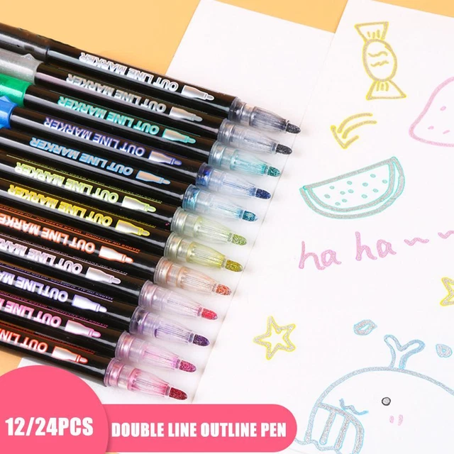 DOUBLE LINE OUTLINE Pens, 12 Colors Self-Outline Markers Glitter Y6Z4 ...