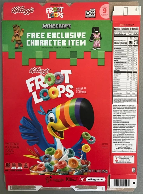 KELLOGG'S FROOT LOOPS Minecraft Offer Cereal Box Toucan Sam FLAT EMPTY 2024 £4.74 - PicClick UK