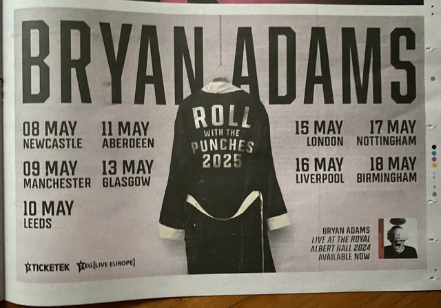BRYAN ADAMS TOUR Dates Ad 2025 Roll With Punches Newspaper Advert ...