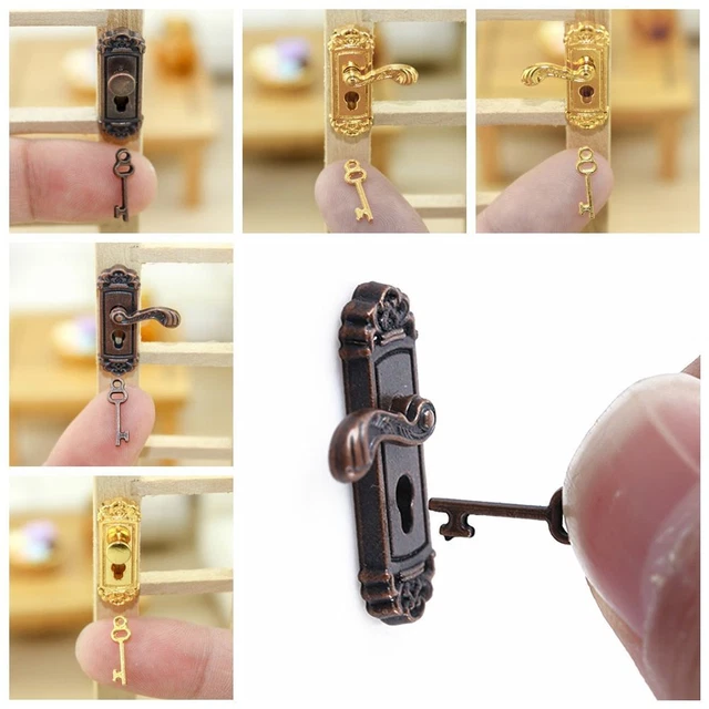MINIATURE DOOR HANDLES Mini Furniture Pull Brass Knobs Dollhouse Lock ...