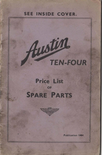 AUSTIN 10-4 ORIGINAL Price List of Spare Parts 1936 No 1404 ...