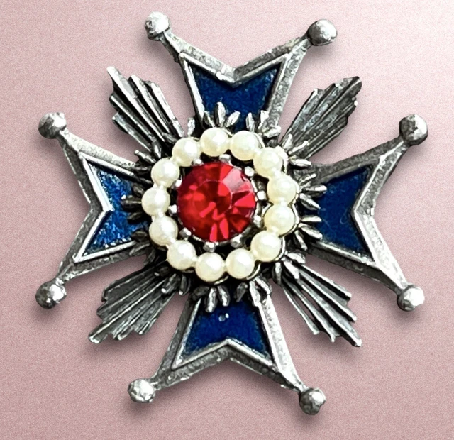 VINTAGE WEISS BROOCH Pin Maltese Cross Blue Enamel Red Rhinestone Faux ...