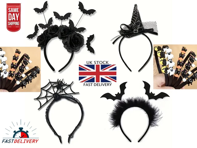 HALLOWEEN HEADBAND BLACK Flower Women's Costume Witch Hat, Bat, Spider ...