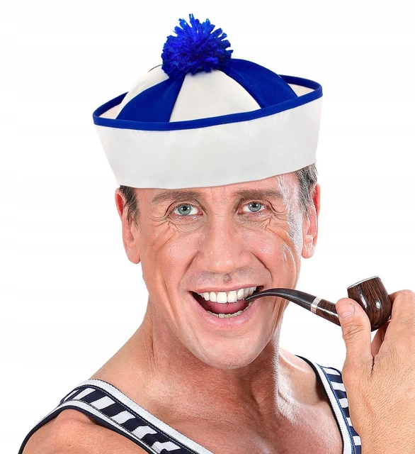 SAILOR HAT NAVY Fancy Dress White Blue Pom Pom Unisex Adult Costume ...