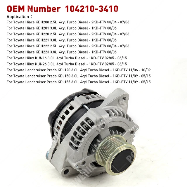 ALTERNATOR 130A FOR Toyota Hilux D4D KUN16 KUN26 1KD-FTV 3.0L 05-15 ...