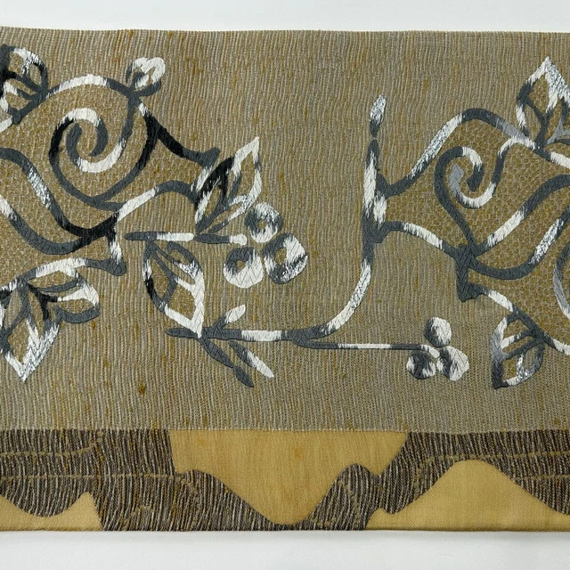 JAPANESE KIMONO FUKURO Kimono Obi Pongee Fabric Flower Arabesque ...