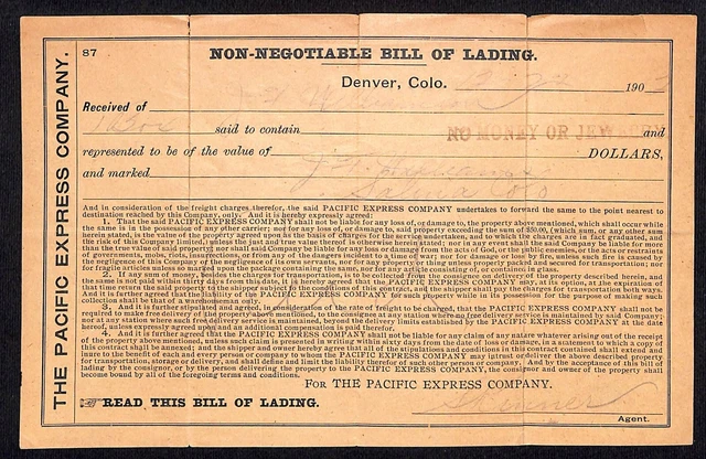 PACIFIC EXPRESS CO. 1903 Bill of Lading w/ Money Order Advertising ...