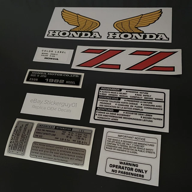 HONDA Z50R MONKEY Bike 1982 Decal Sticker Set Inc Tank Sides Warning ...