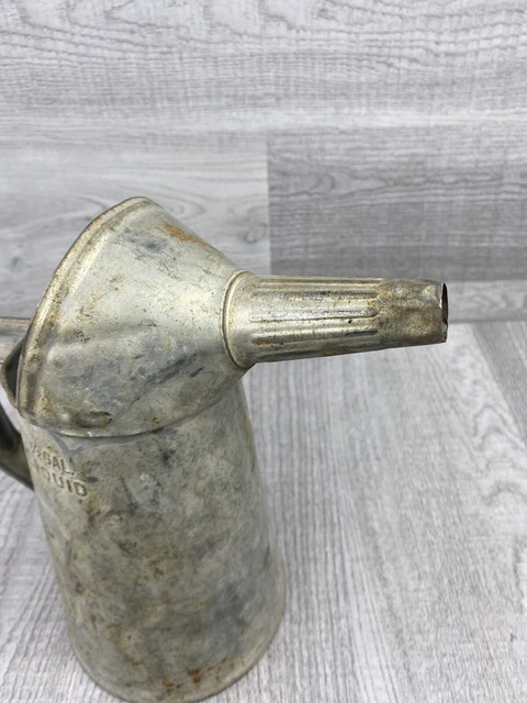 VINTAGE GALVANIZED OIL Fill Can Funnel Filler RAT ROD GARAGE 1/2 Gallon ...