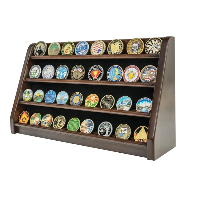 CHALLENGE COIN DISPLAY Case, 4 Rows Military Wooden Holder Stand Holds ...