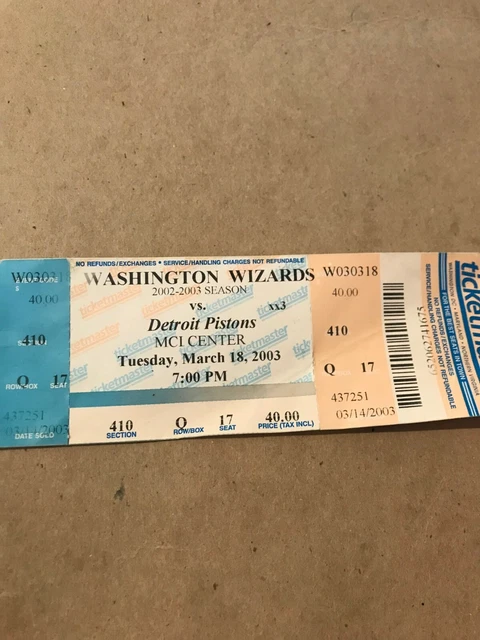 18/03/2003 MICHAEL JORDAN Washington Wizards v Detroit Pistons Ticket ...