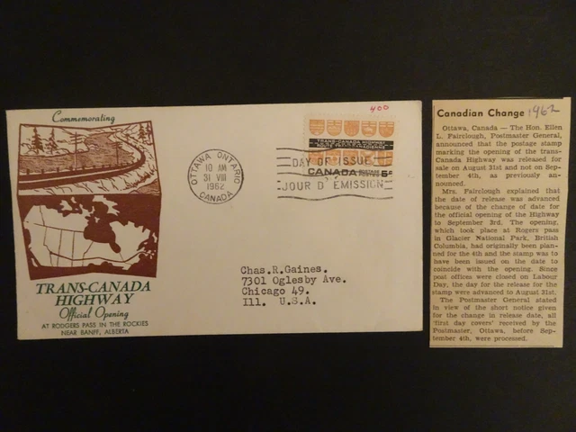 CANADA TRANS-CANADA HIGHWAY official first day stamp cover dated 1962 £ ...