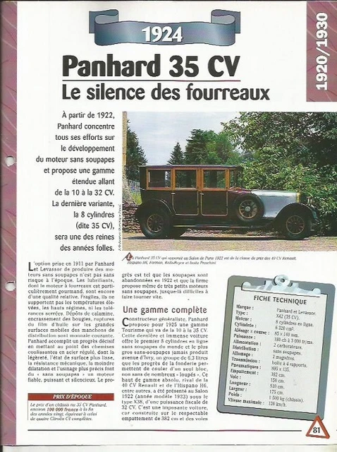 VOITURE PANHARD 35 Cv 1924 Fiche Technique Automobile Collection Car ...