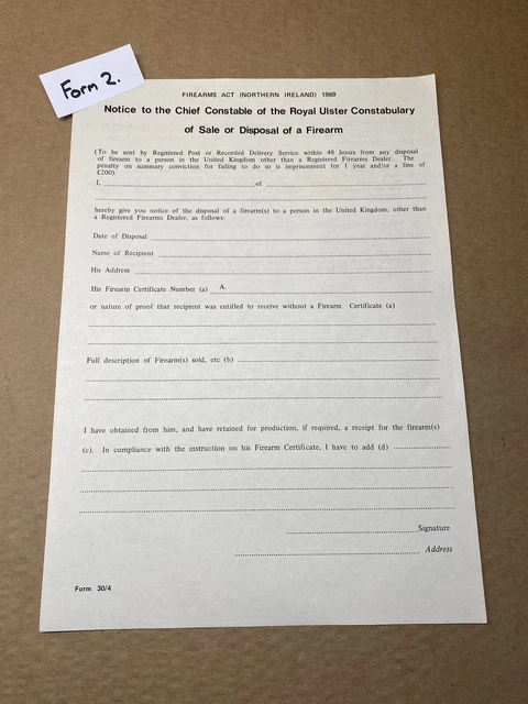 ORIGINAL ROYAL ULSTER Constabulary RUC form A4 form 2 Chief Constable £ ...