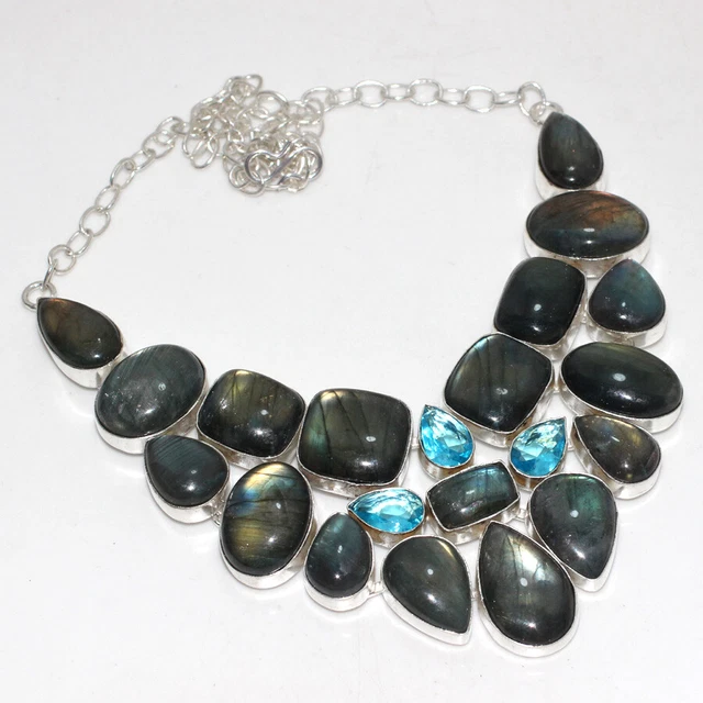 FIERY LABRADORITE BLUE Topaz 925 Silver Plated Big Cluster Necklace 17" Gifts Z7 EUR 21,14 ...