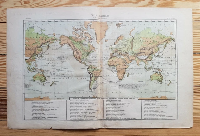 MAP OF THE WORLD, Europe North America Asia Oceans quiz 1874 ORIGINAL ...