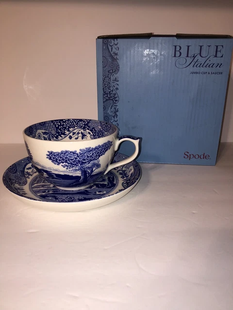 SPODE BLUE ITALIAN Porcelain Jumbo Cup & Saucer Blue & White New In Box ...