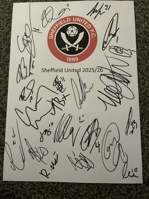 SHEFFIELD UNITED FOOTBALL Club 2025/26 Signed Sheet on A4 card Ings ...