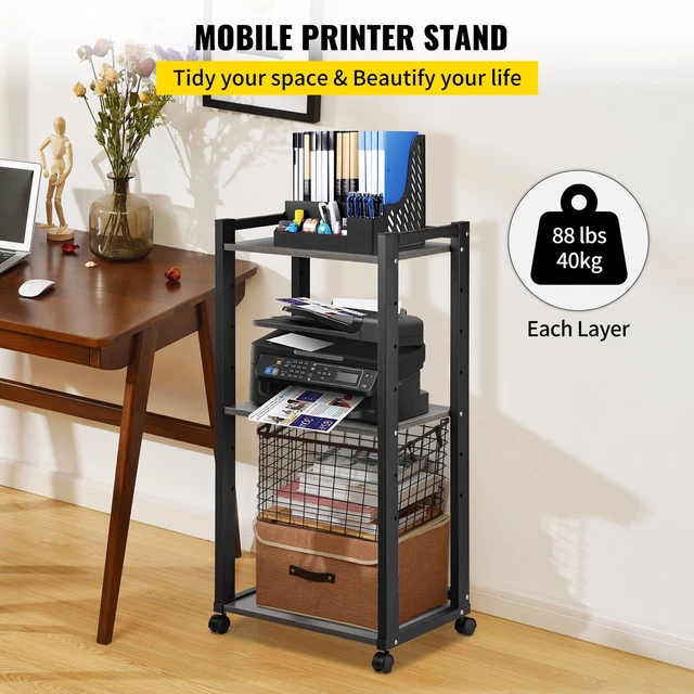 VEVOR PRINTER STAND, 3-Tier Rolling Printer Cart, Adjustable Storage ...