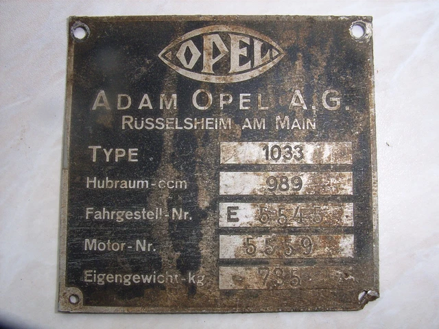 OPEL 1LITER 1033 Baujahr 1933 Oldtimer Vorkrieg Typschild EUR 29,00 ...