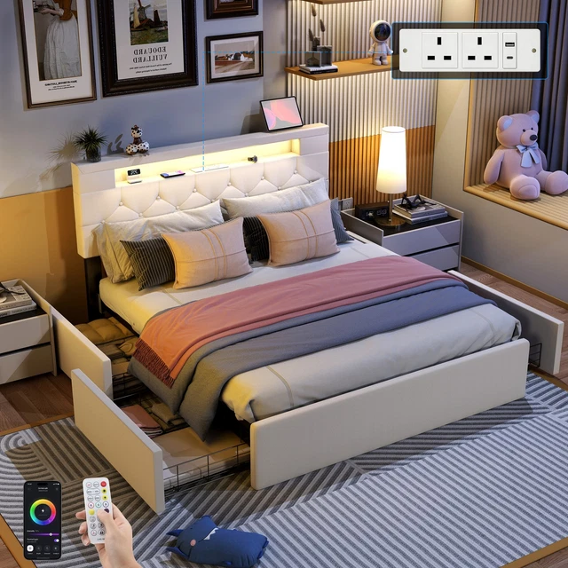 STORAGE UPHOLSTERED BED FRAME 4FT6 DOUBLE WITH CHARGING PORT & LED ...
