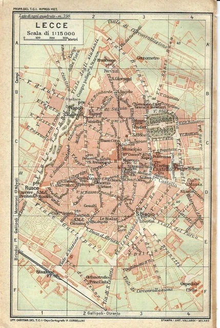 CARTA GEOGRAFICA ANTICA LECCE Pianta della città Puglia TCI 1926 Old ...