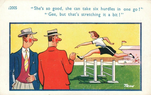 VINTAGE RUDE COMIC Sexy Lady Stretches "It" Going Over Lots of Hurdles ...