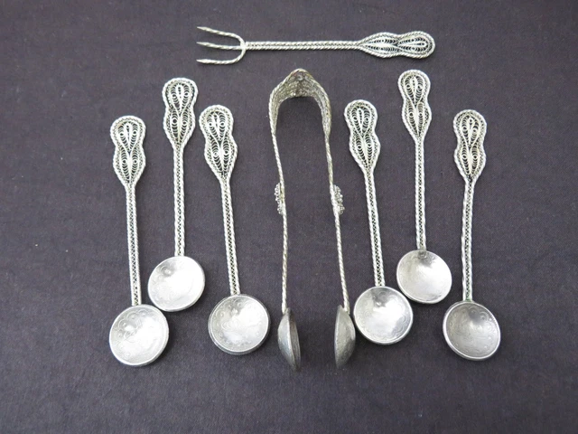 SET OF 6 Silver / White Metal Turkish Ottoman Coin Spoons +Tongs & Fork ...